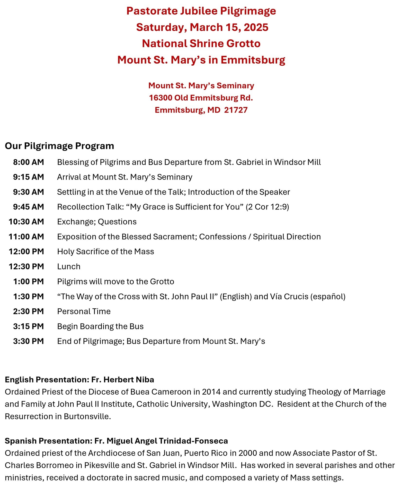 Pastorate Jubilee Pilgrimage - St. Gabriel Catholic Church - Windsor Mill, MD